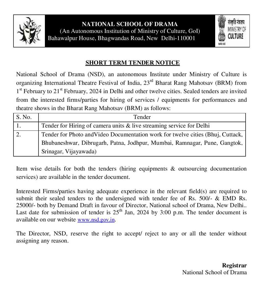 Tender for Hiring of camera units & live streaming service for Delhi